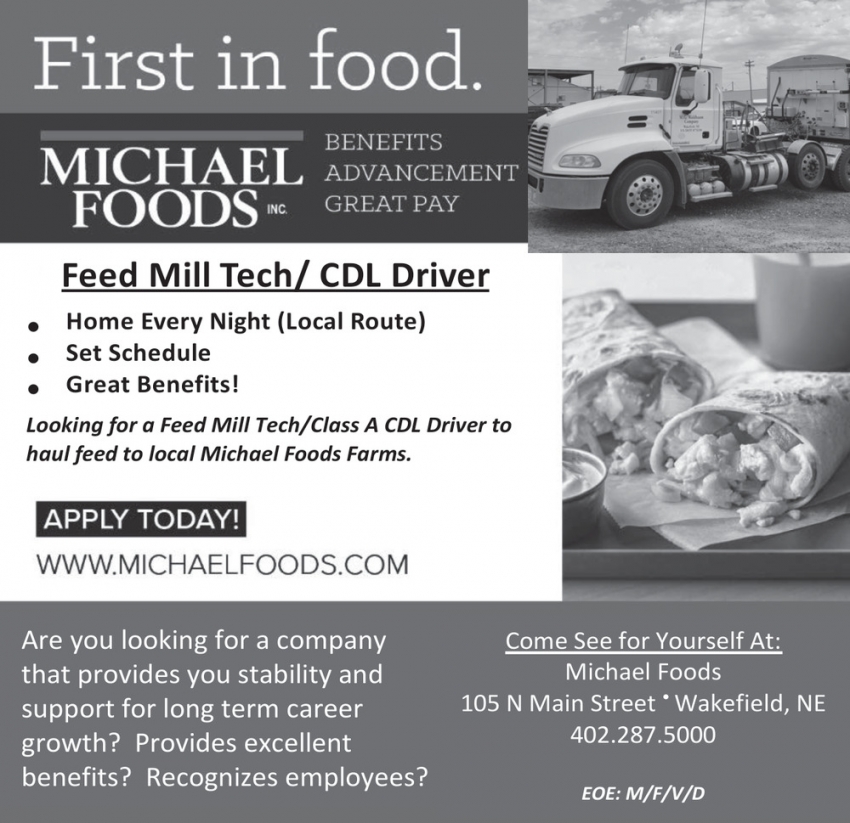Feed Mill Tech/CDL Driver, Michael Foods, Wakefield, NE