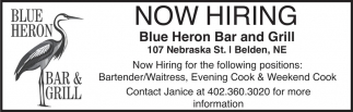 Now Hiring Bartender/Waitress, Evening Cook , Blue Heron Bar & Grill ...